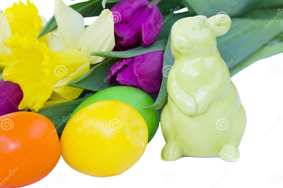 Easter Bunny with Spring Flowers and Eggs Stock Photo - Image of rabbit ...