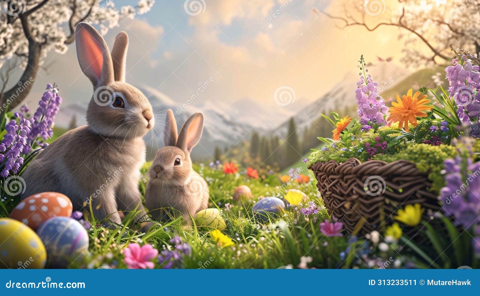 Easter Bunny and Spring Flowers in the Meadow. Easter Background Stock ...