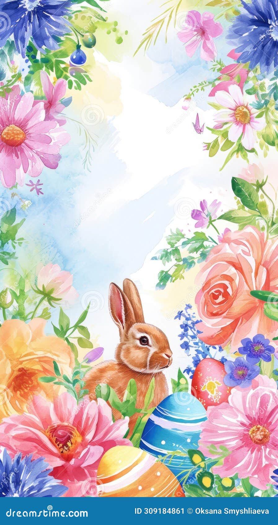 Easter Bunny in Spring Watercolor. Watercolor of a Bunny among Flowers ...