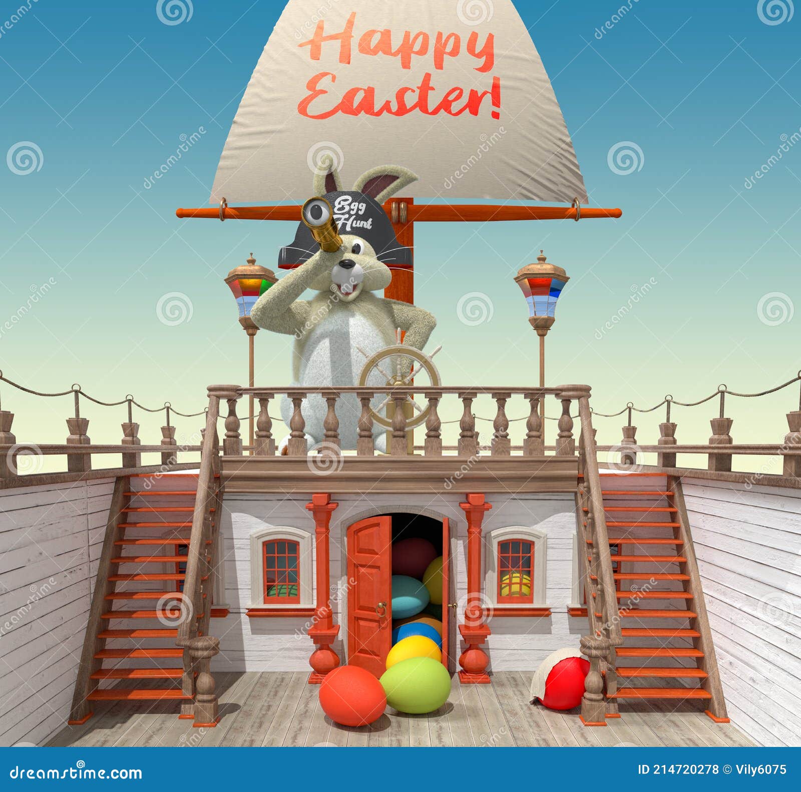 Easter Bunny, Spyglass and Easter Eggs on the Deck of the Ship Stock ...