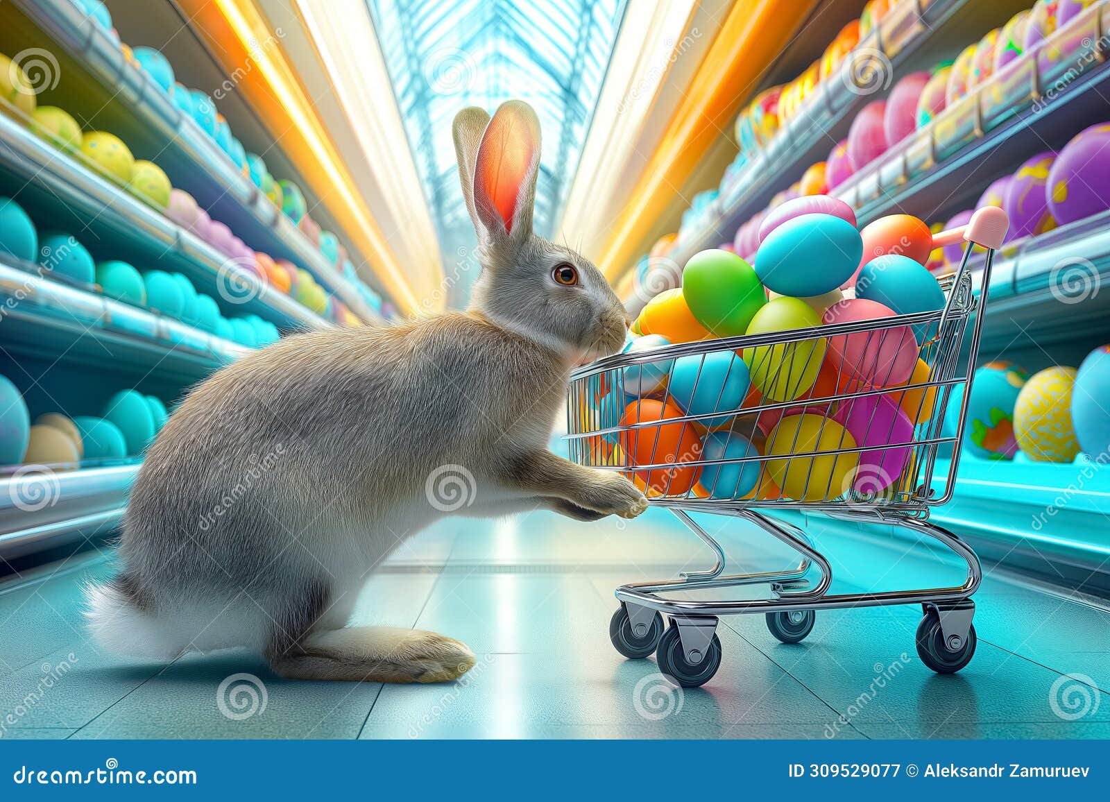 Easter Bunny Standing with Shopping Cart of Easter Eggs in Supermarket ...