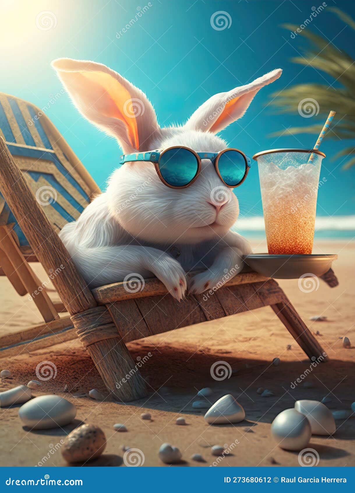 Easter Bunny In Sunglasses Drinking A Cocktail Resting On The Beach