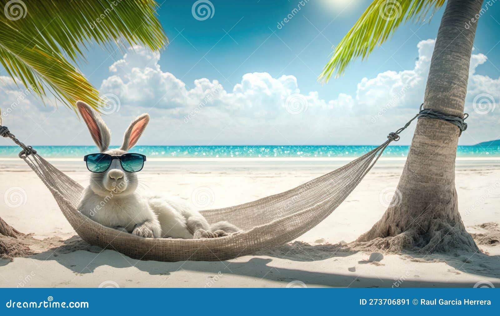 Easter Bunny in Sunglasses Lying in a Hammock between Palm Trees on a ...