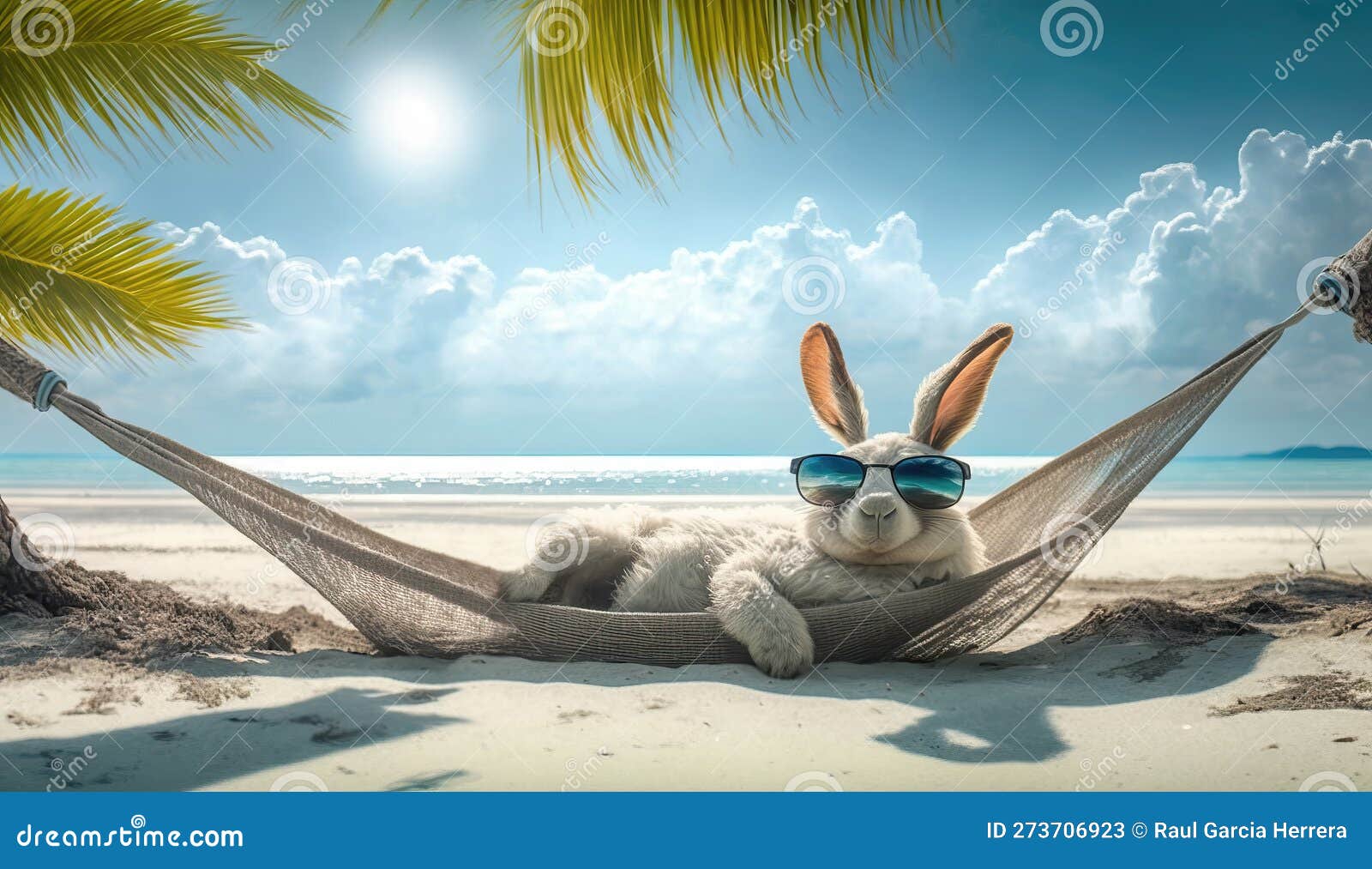 Easter Bunny in Sunglasses Lying in a Hammock between Palm Trees on a ...