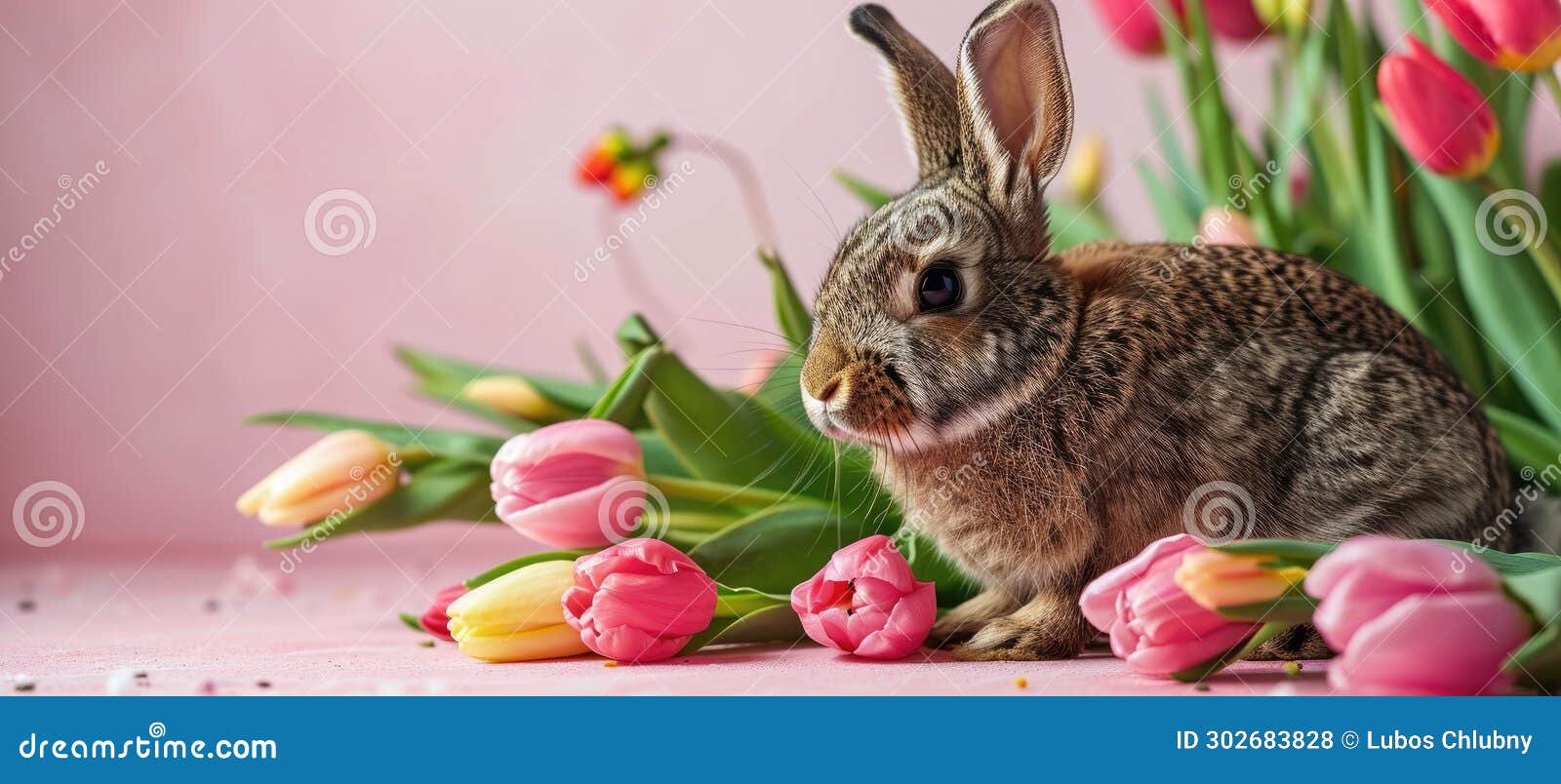 Easter Bunny with Tulips Flower on a Pink Background Stock Illustration ...