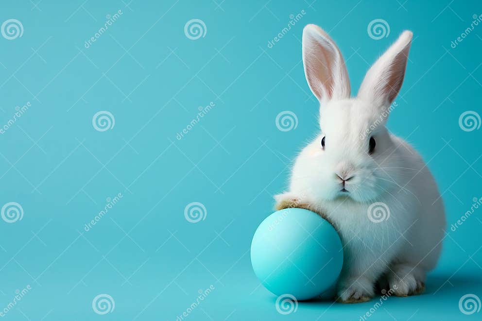Easter Bunny White Rabbit with Egg on Blue Background. Easter Holiday ...