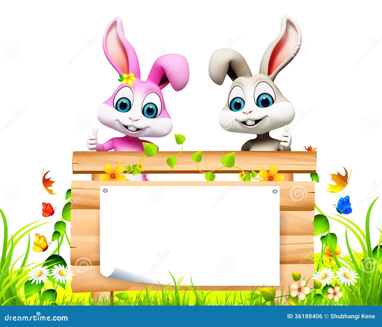 Easter Bunny with Wooden Sign Stock Illustration - Illustration of ...
