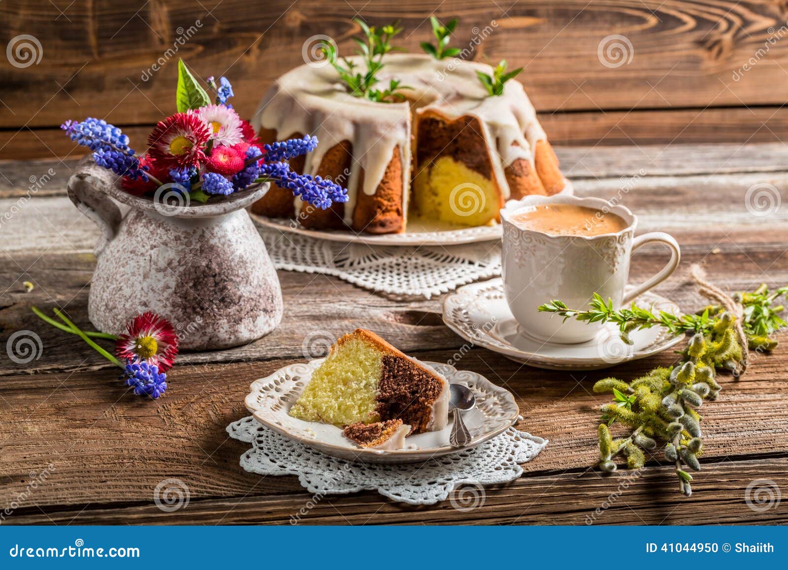 Easter Cake, Cup of Coffee and Spring Flowers Stock Photo - Image of ...