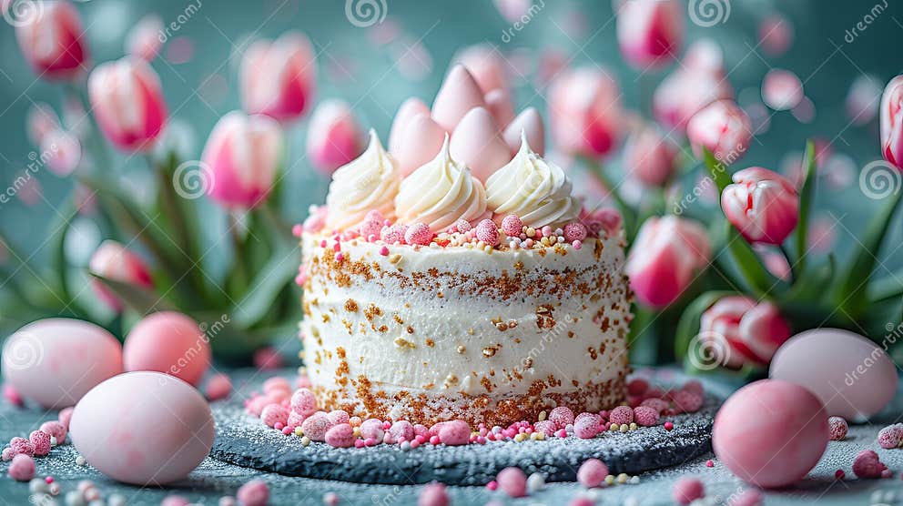 Easter Cake Decorated with Easter Eggs, Spring Flowers and Sweet Powder ...
