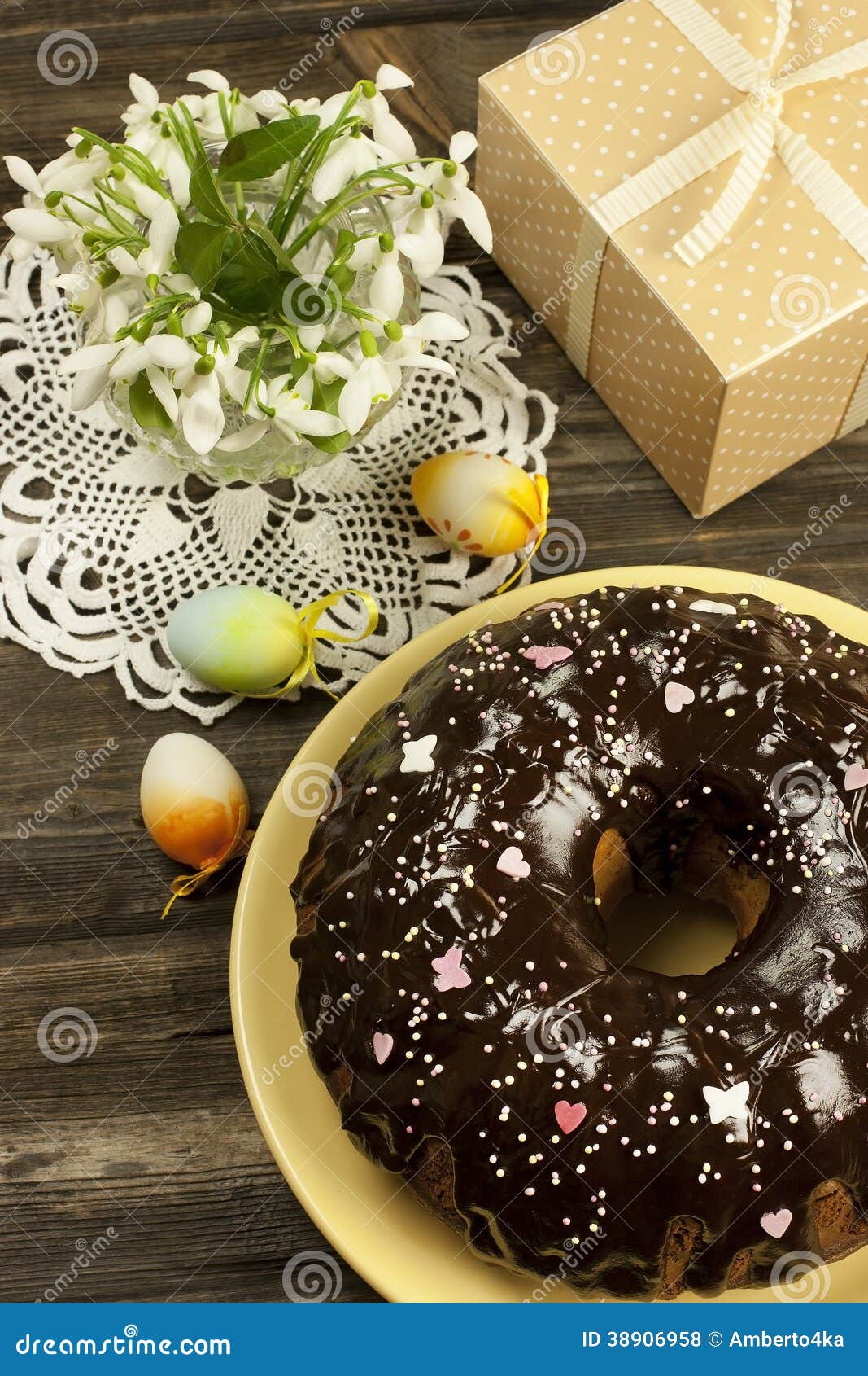 Easter Cake with Gift Box and Snowdrops Stock Photo - Image of ...
