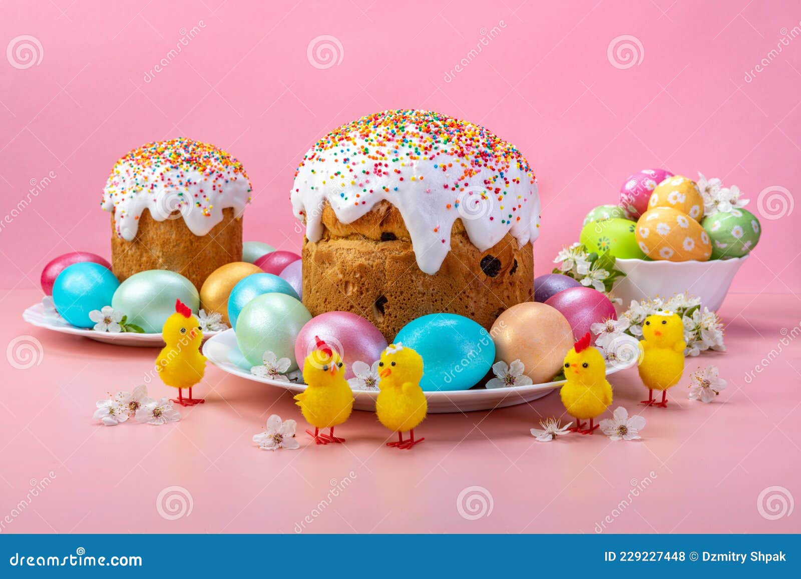 Easter Cakes, Eggs, Chickens. Festive Composition on Pink Background ...