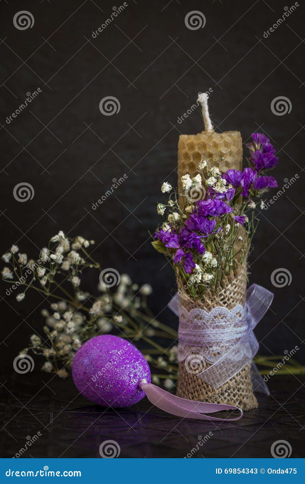 Easter Candle and Decorative Egg. Dark Easter Background. Stock Image ...