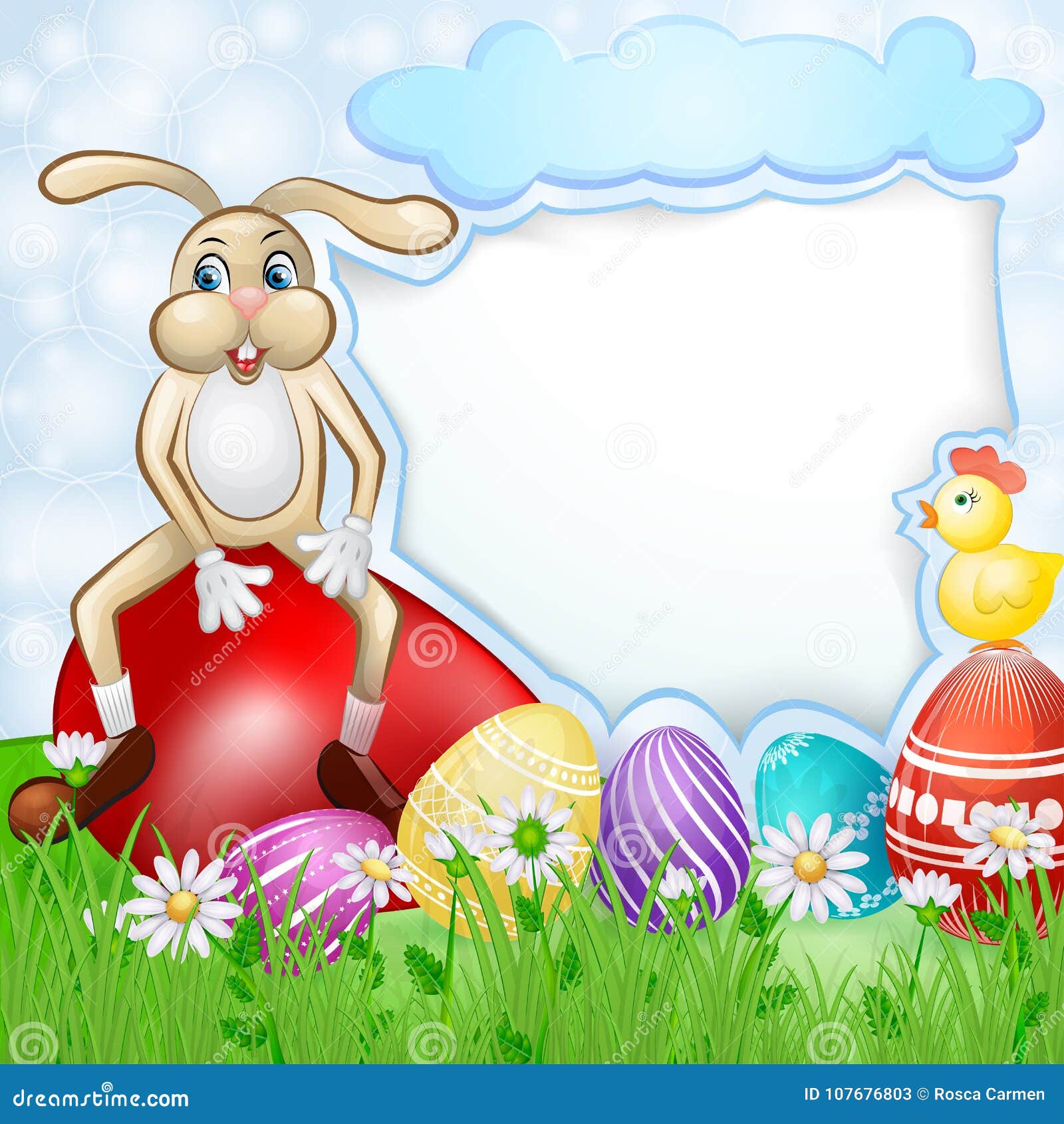Easter Card with Bunny and Chicken Over Egg Background Stock ...