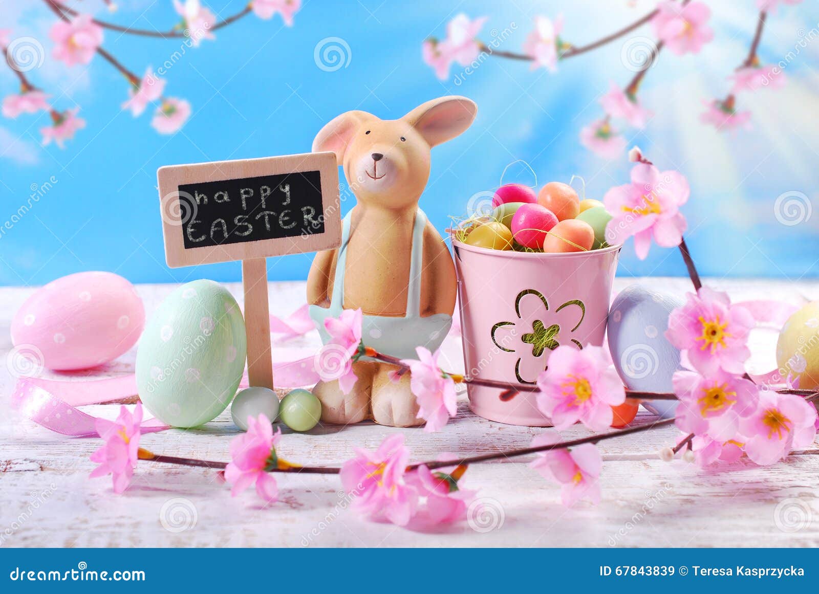 Easter Card with Clay Rabbit and Decorations on Sky Background Stock ...