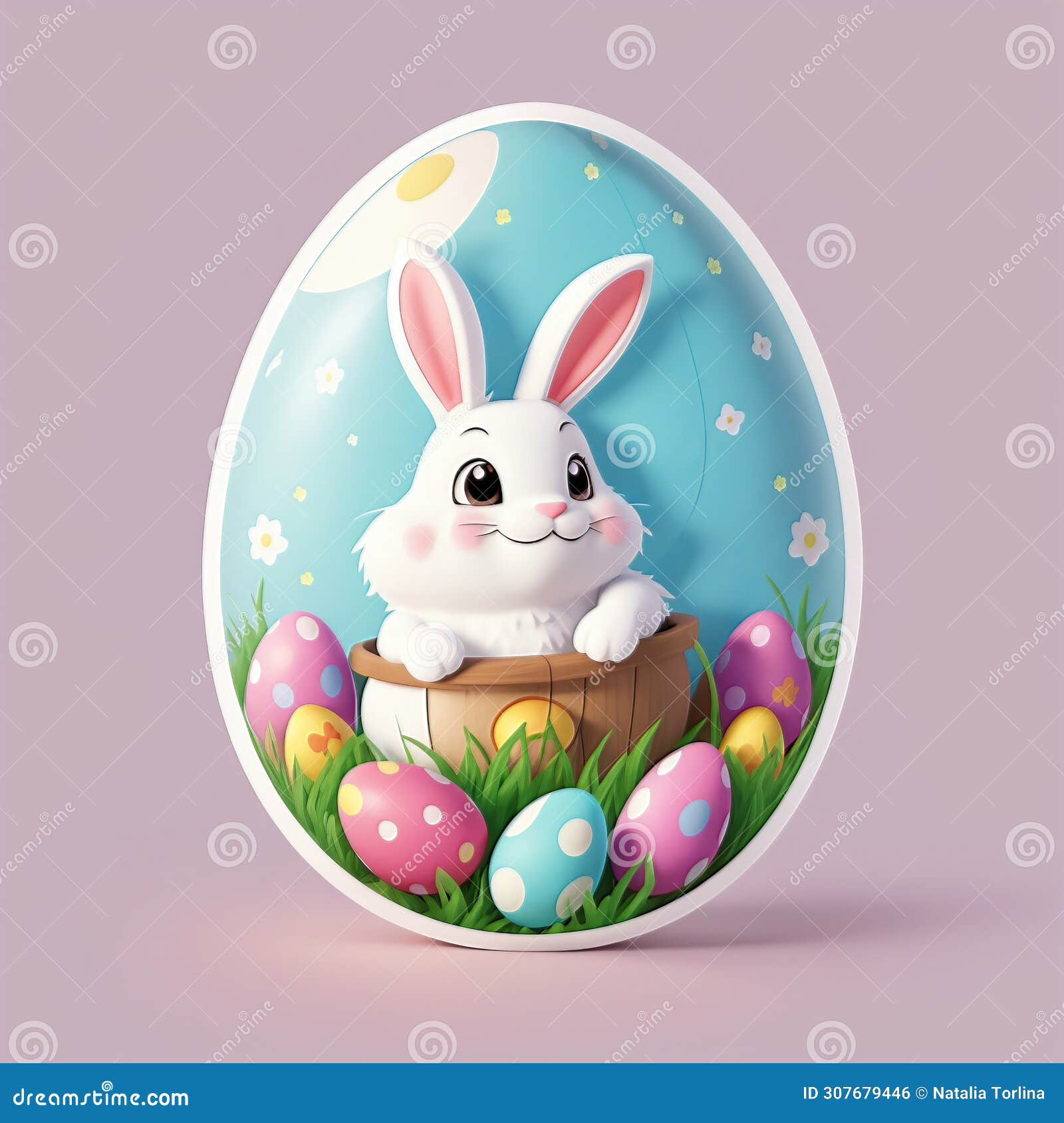 Easter Card with Cute White Rabbit with Eggs on Blue Background ...