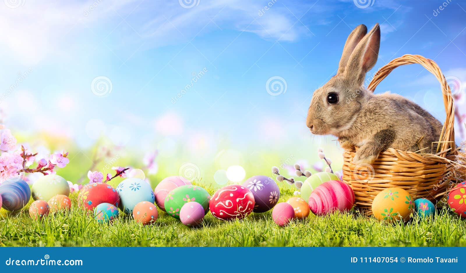 Easter Card - Little Bunny in Basket with Decorated Eggs Stock Photo ...