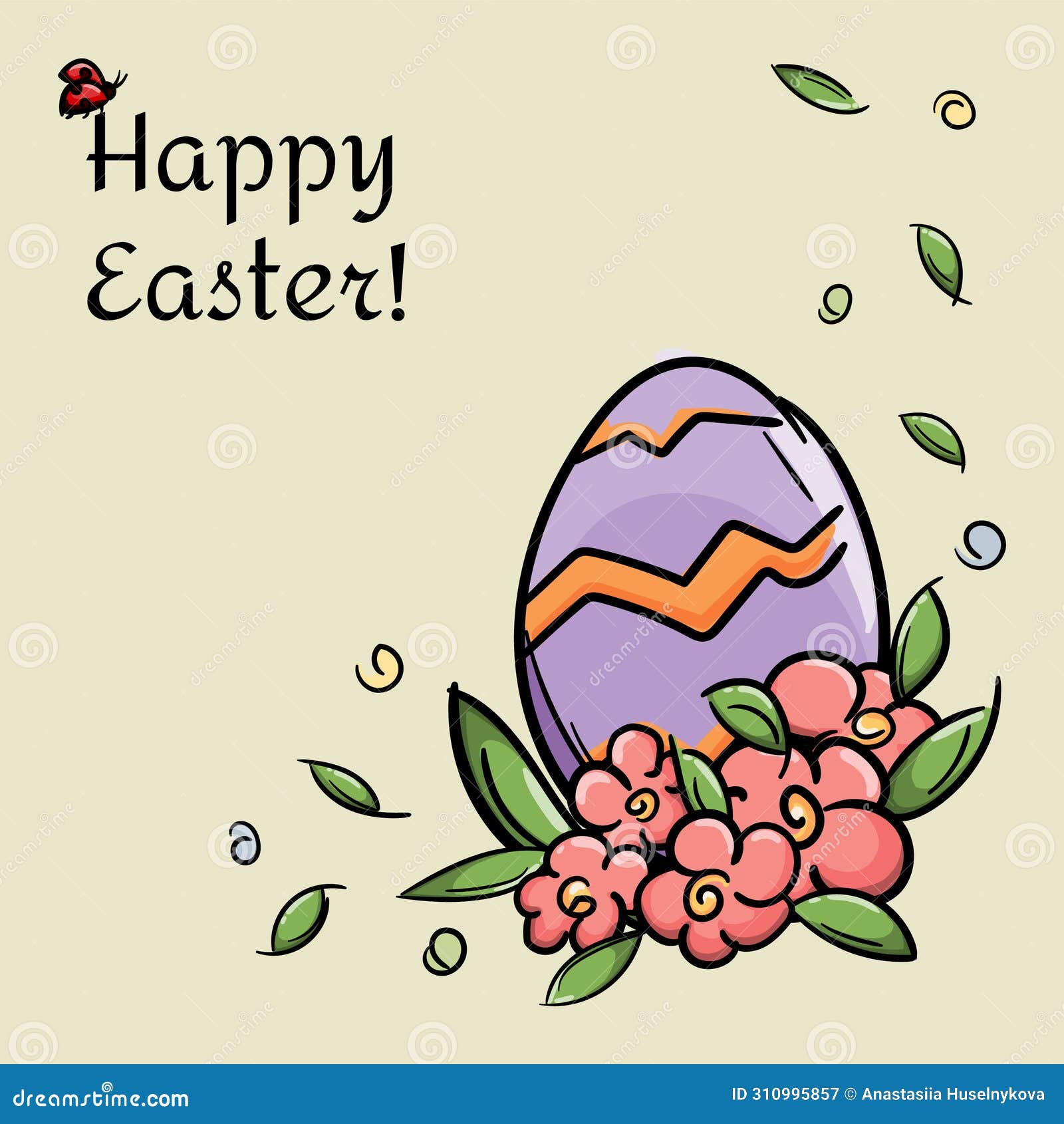 Easter Card with Painted Egg and Flowers. Ladybug Sits on the Text ...