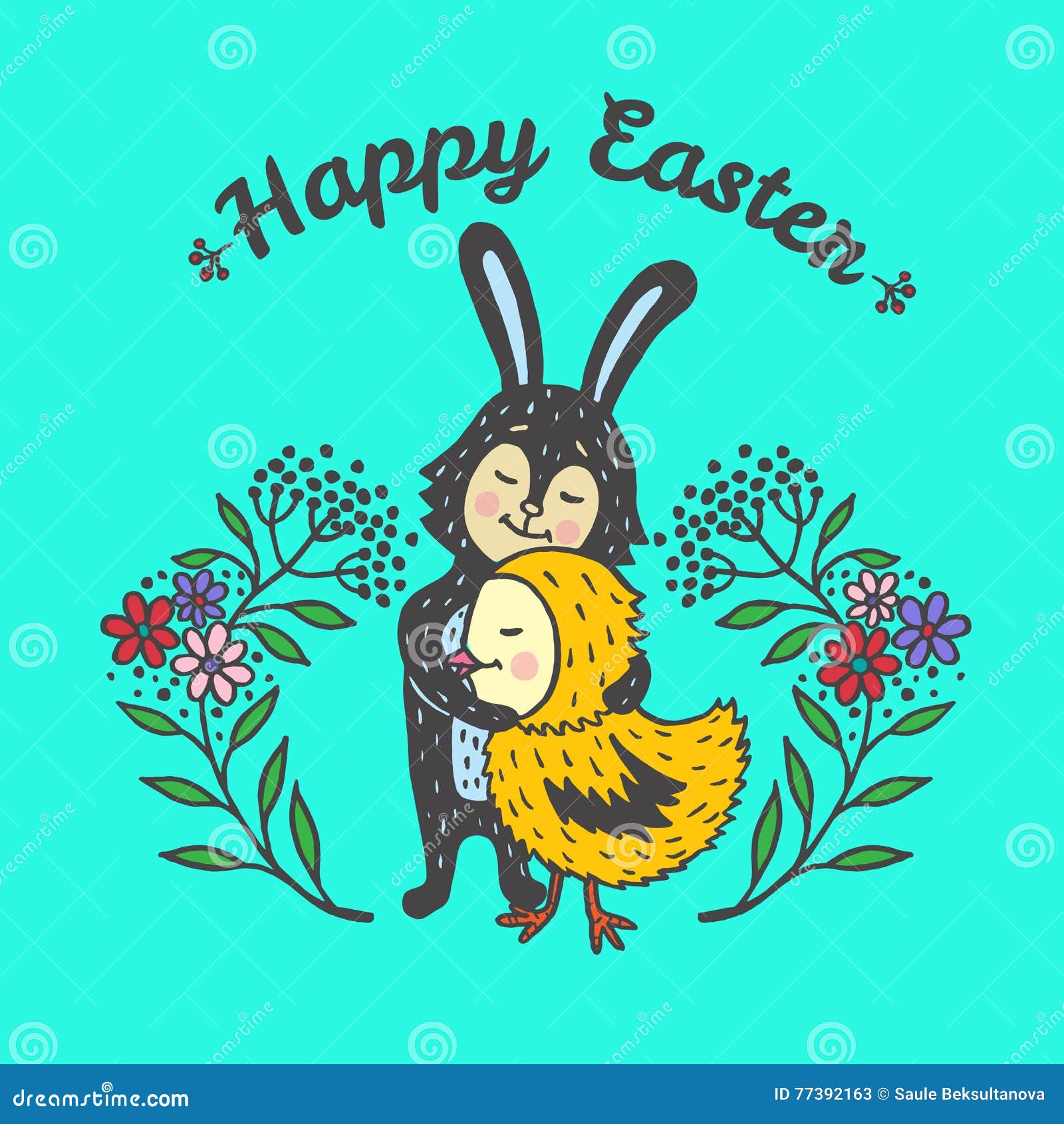 Easter Card with Rabbit and Chick Stock Illustration - Illustration of ...