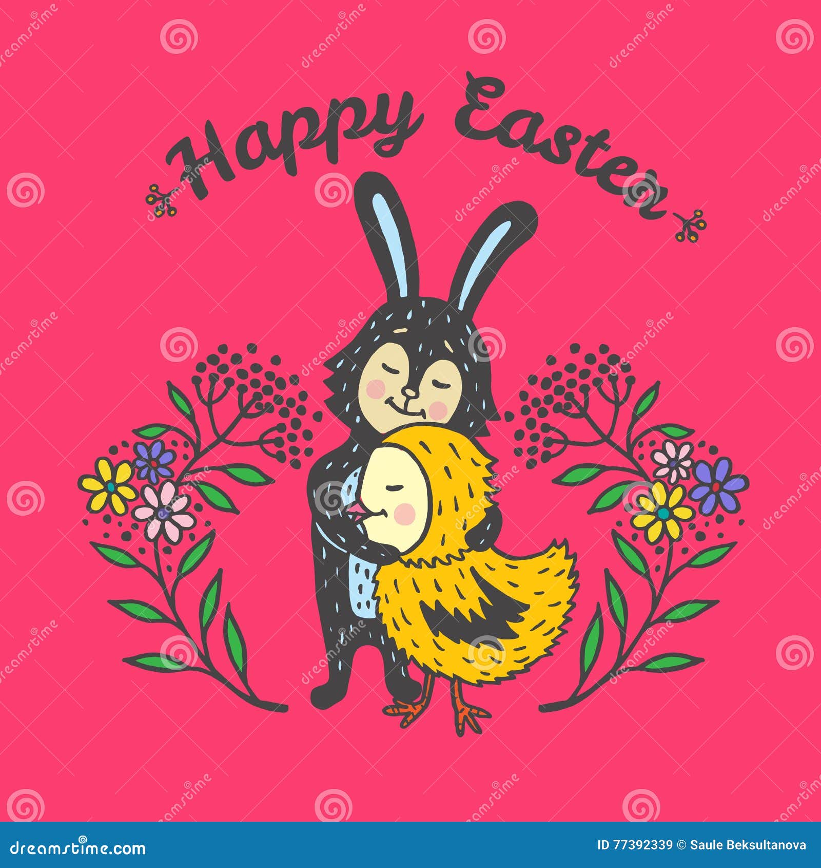 Easter Card with Rabbit and Chick Stock Illustration - Illustration of ...