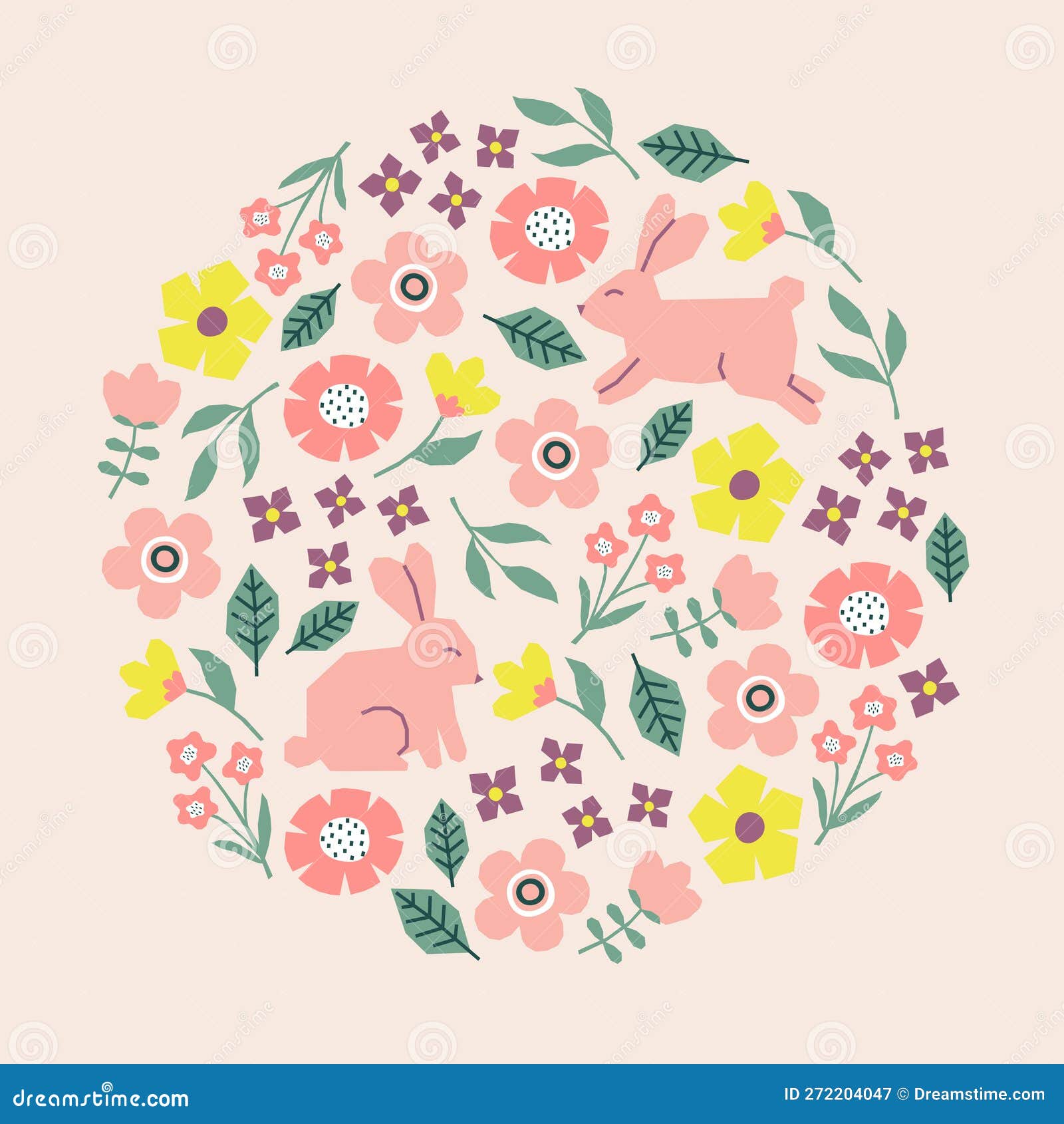 Easter Card with Rabbits, Flowers and Leaves Pattern. Cutout Colorful ...