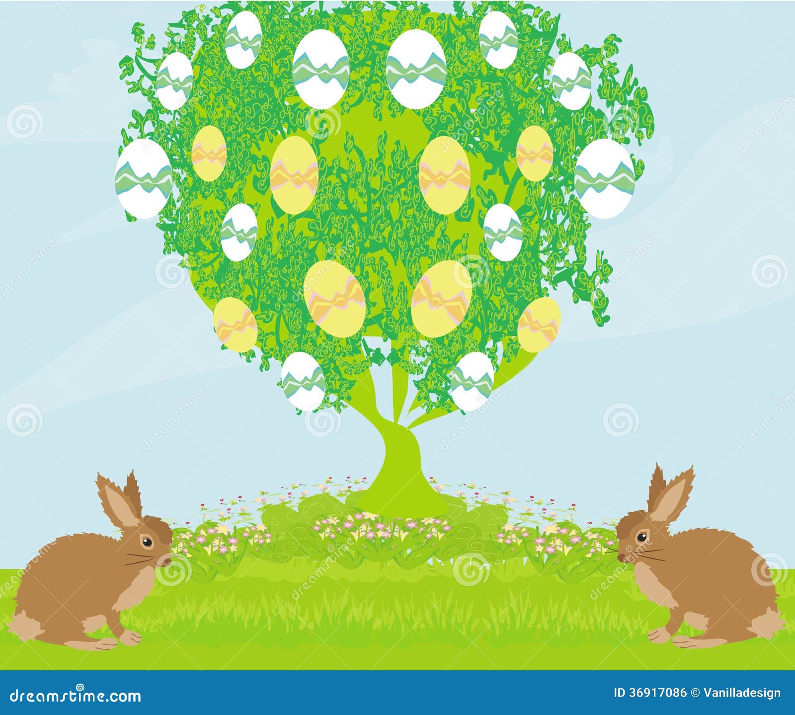 Easter Card with Rabbits and Tree Stock Vector - Illustration of ...