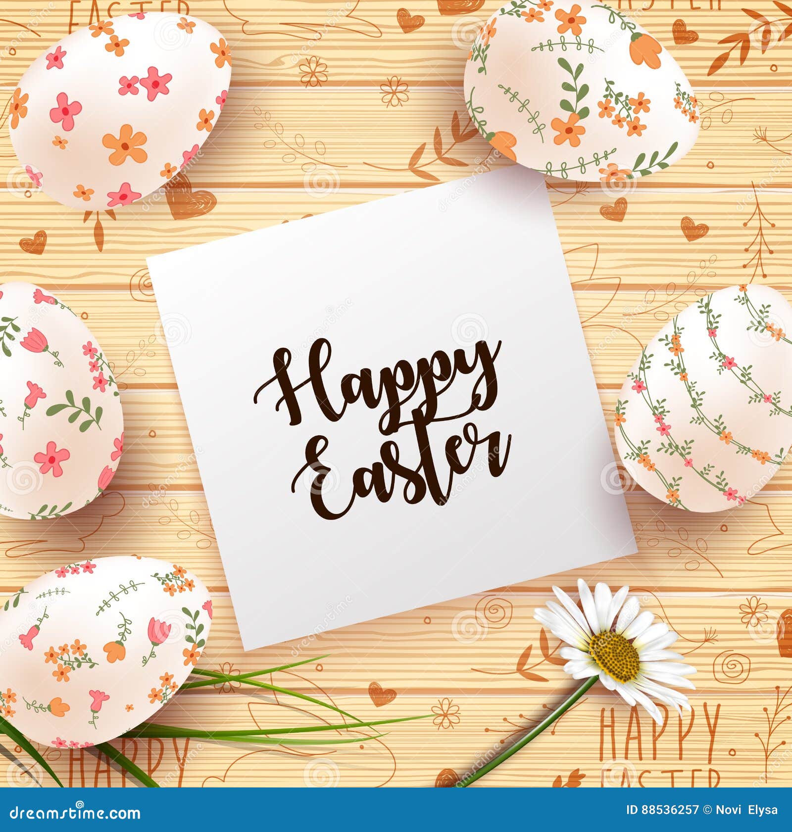 Easter Card with Realistic Eggs and Daisy Flower on Wood Texture ...