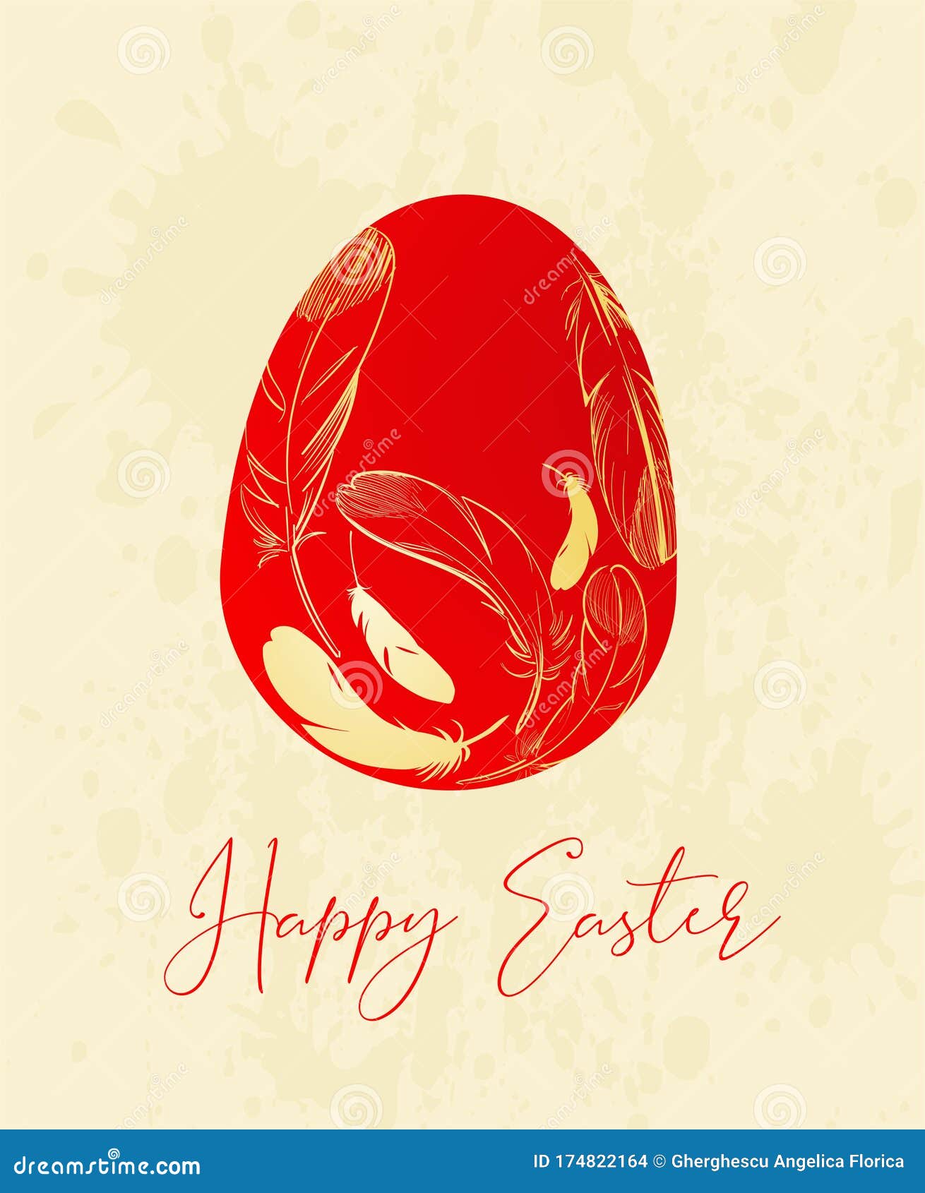 Easter Card with Red Egg, Decorated with Feathers and Happy Easter ...