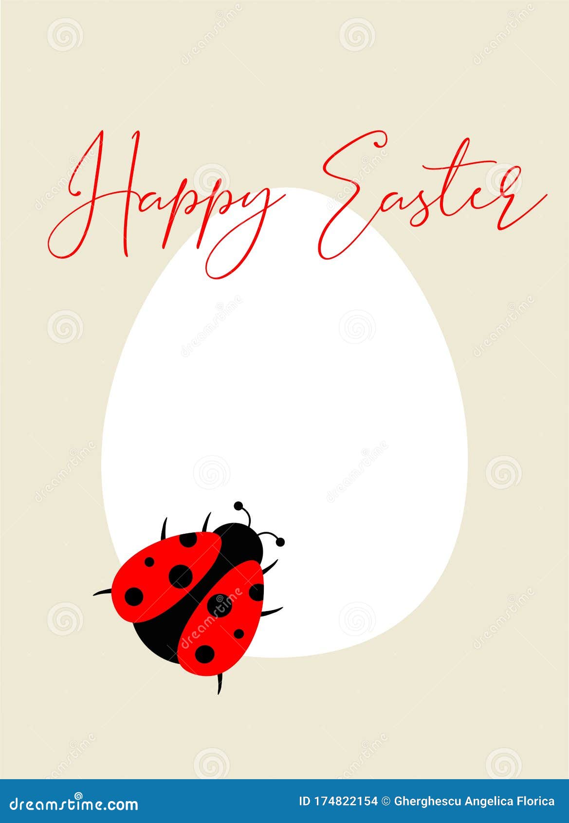 Easter Card with White Egg, Ladybug and Happy Easter Wishes on Gray ...