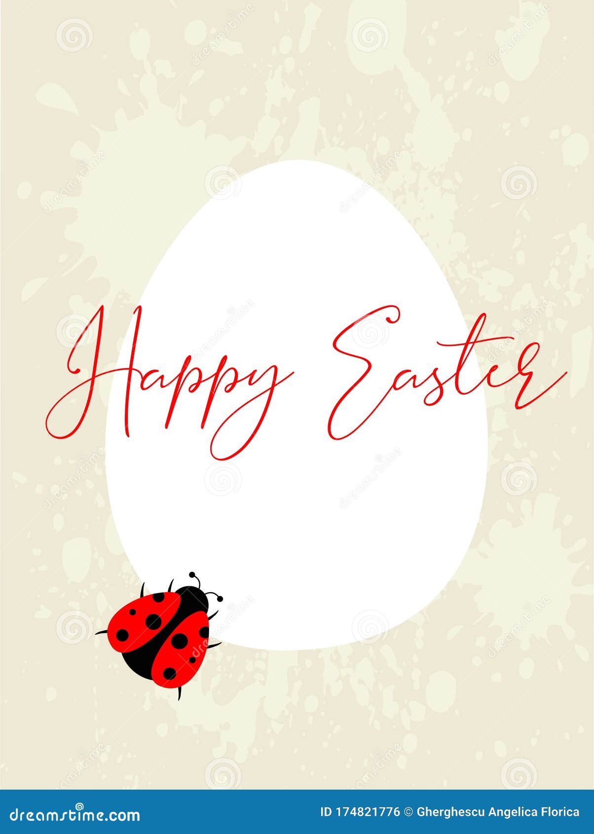 Easter Card with White Egg, Ladybug and Happy Easter Wishes on Gray ...