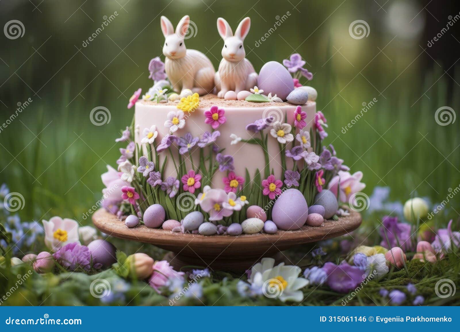 Easter Celebration Cake with Bunny Toppers and Spring Flowers Stock ...