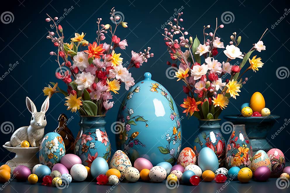 Easter Ceramics Bunny and Colorful Eggs in Easter Decor Stock Image ...