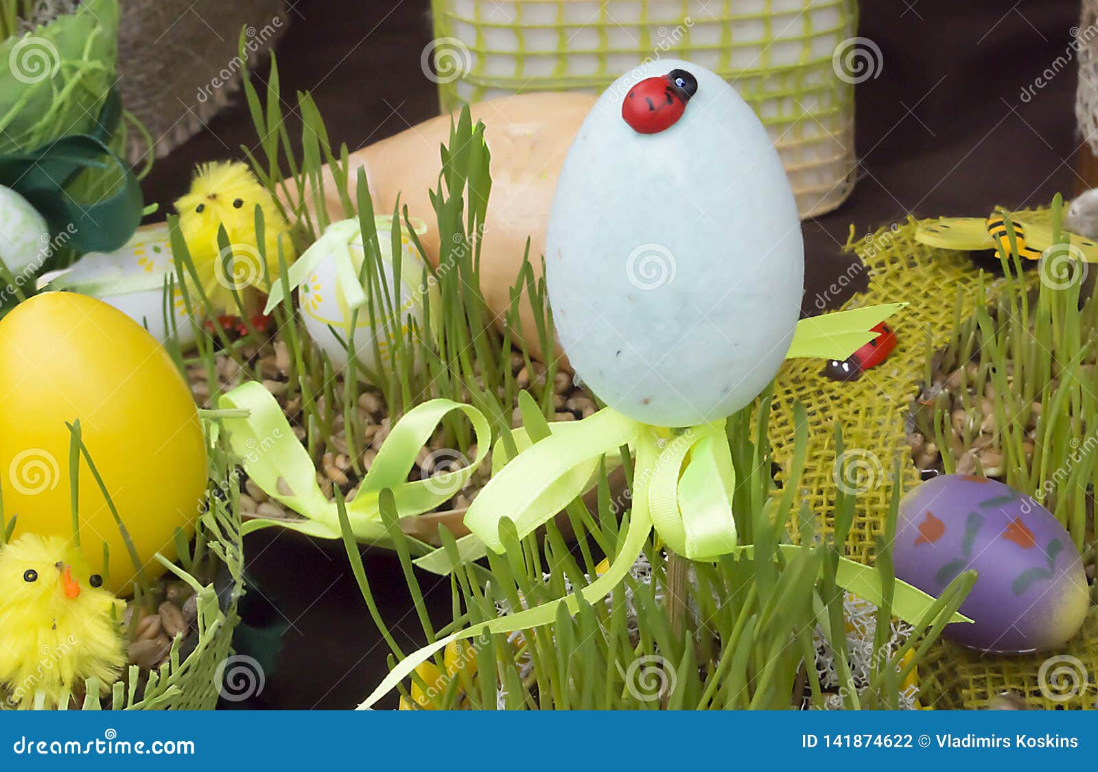 Easter. Chicken, Painted Eggs, Beetle-ladybug on Egg Stock Photo ...
