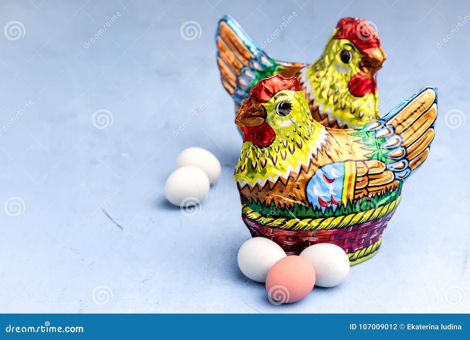 Easter Chocolate Chicken and Easter Eggs on Blue Background Festive ...