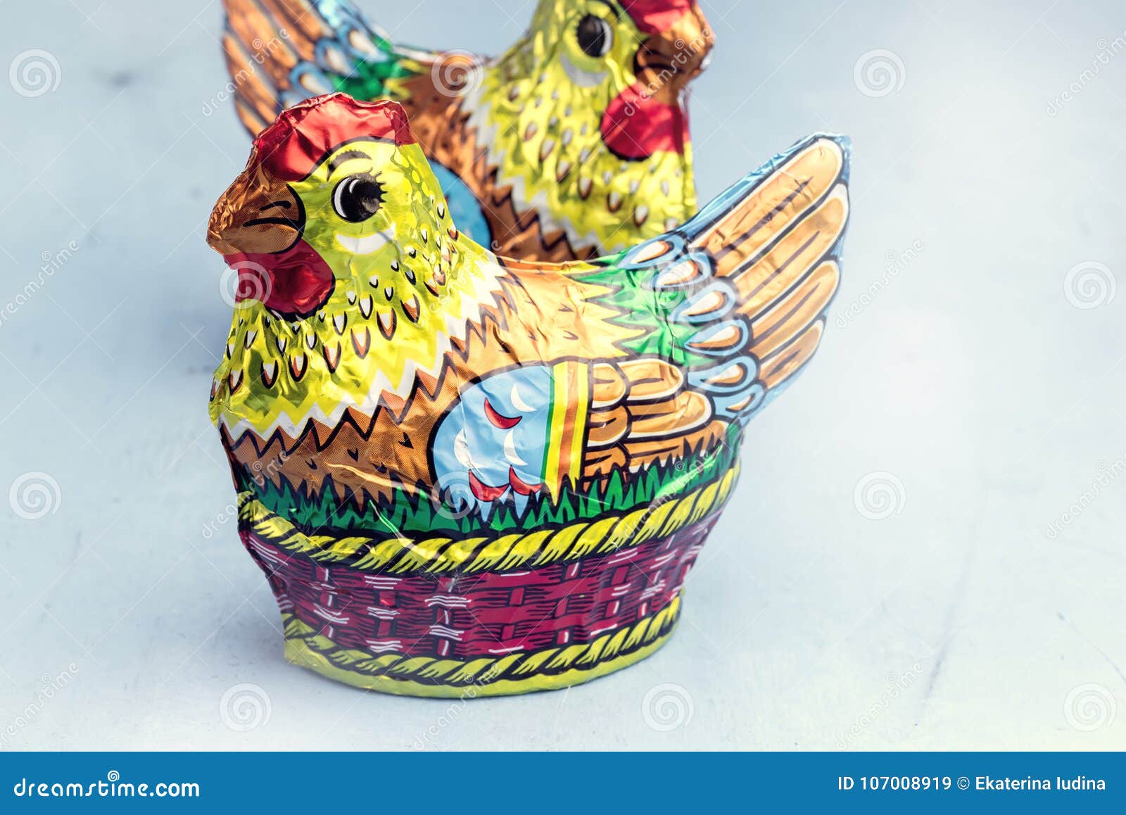 Easter Chocolate Chicken and Easter Eggs on Blue Background Festive ...