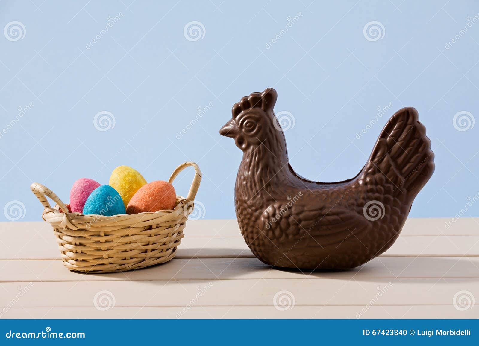 Easter Chocolate Chicken and Eggs Over a Table Stock Photo - Image of ...