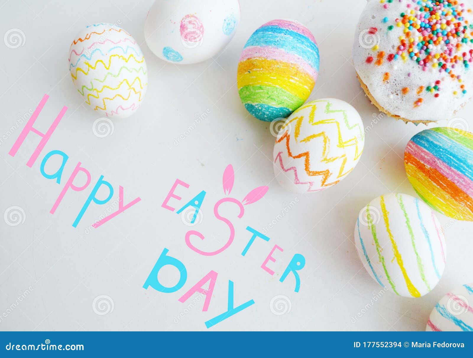 Easter. Colored Eggs and Cakes. Lettering, Congratulations. Design for ...