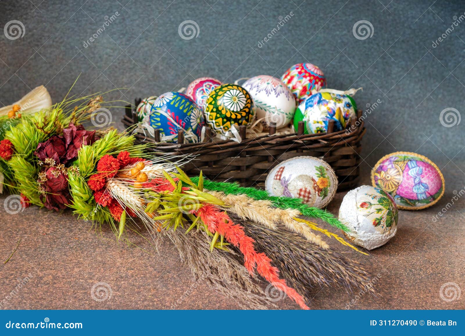 Easter. Colorful Easter Eggs and Easter Palm Stock Photo - Image of ...