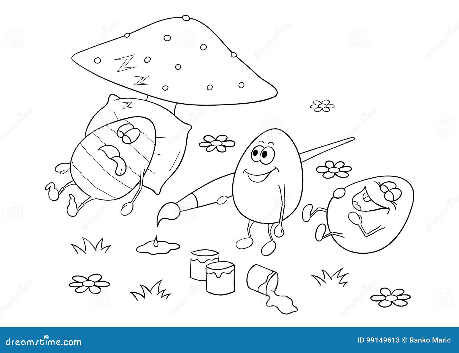 Easter Coloring Book with Two Eggs Making Prank on a Third One Stock ...