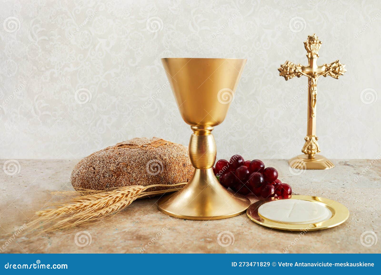 Easter Communion Still Life with Chalice of Wine and Bread Stock Image ...