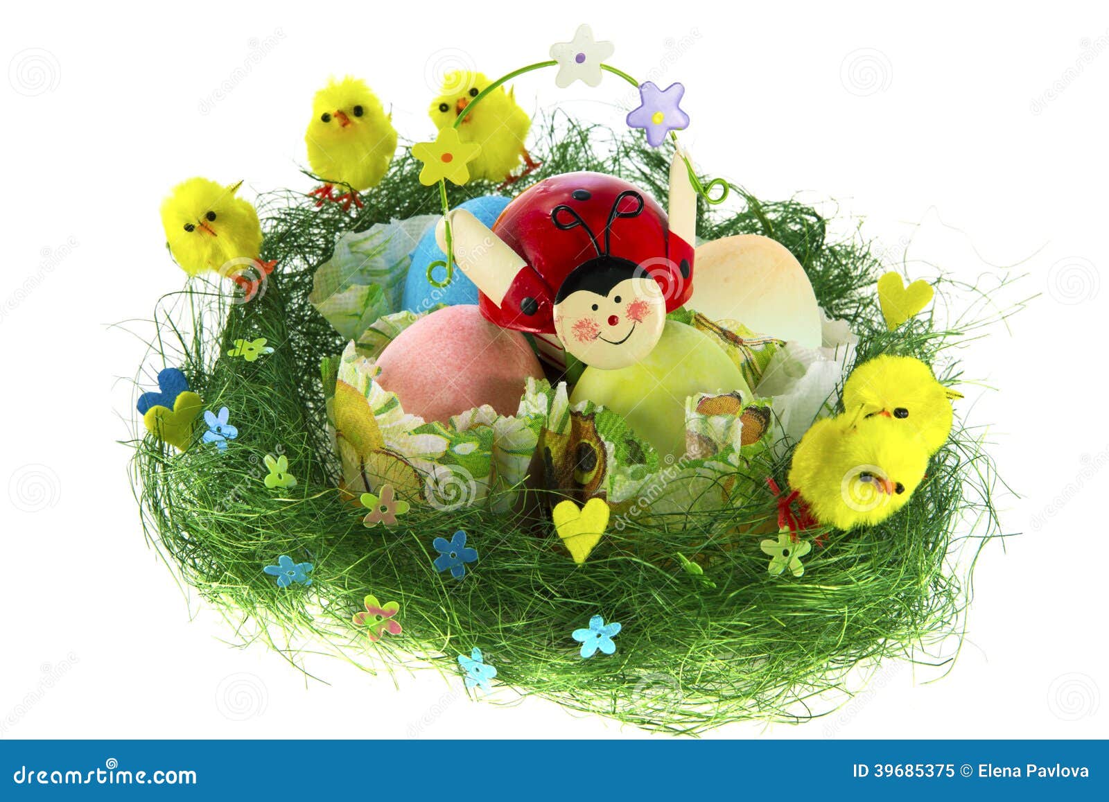 Easter Composition with Painted Eggs, Funny Chickens and Ladybug Stock ...