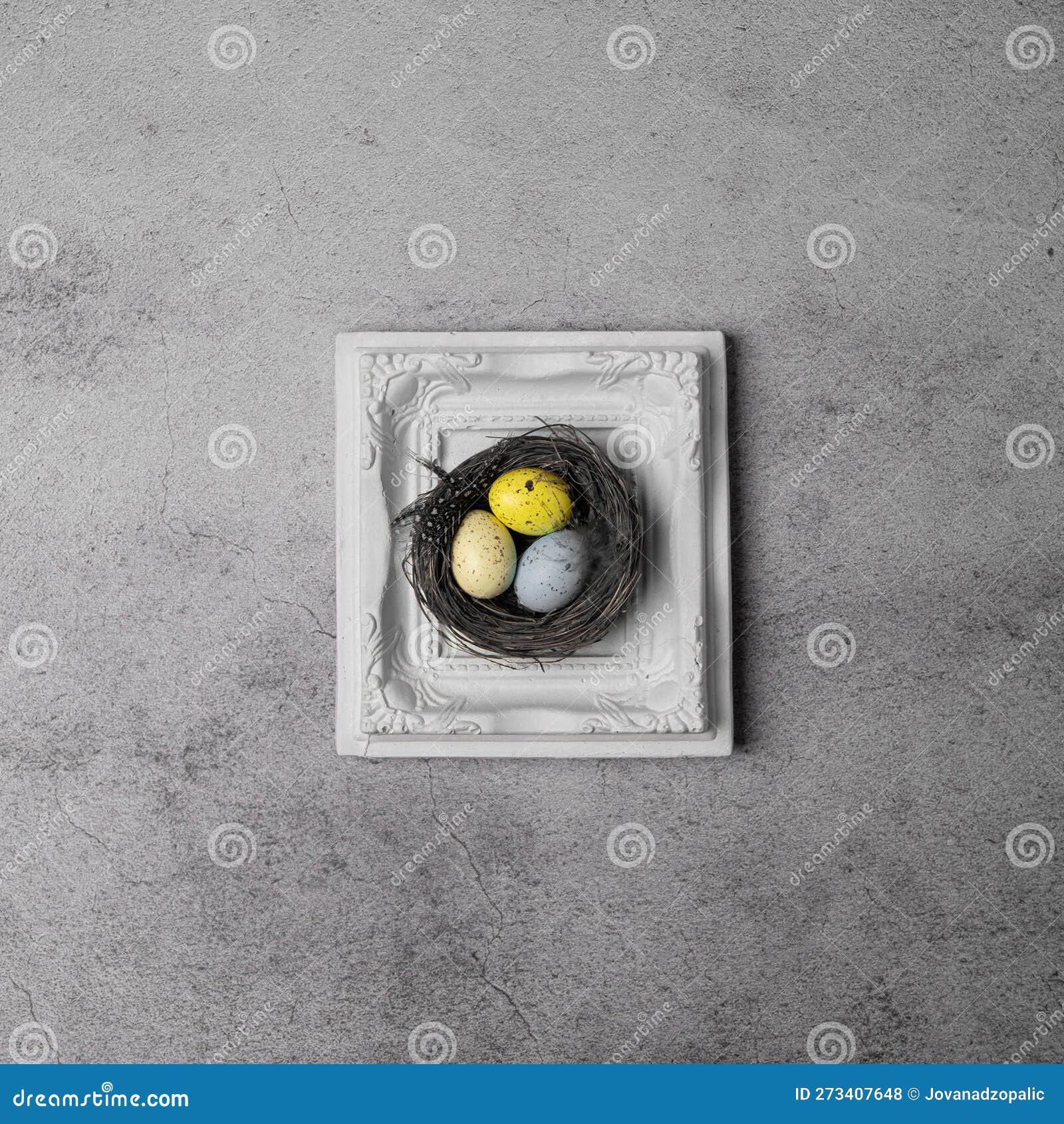 Easter Composition. Pastel Eggs in a Nest on a White Vintage Plaster ...