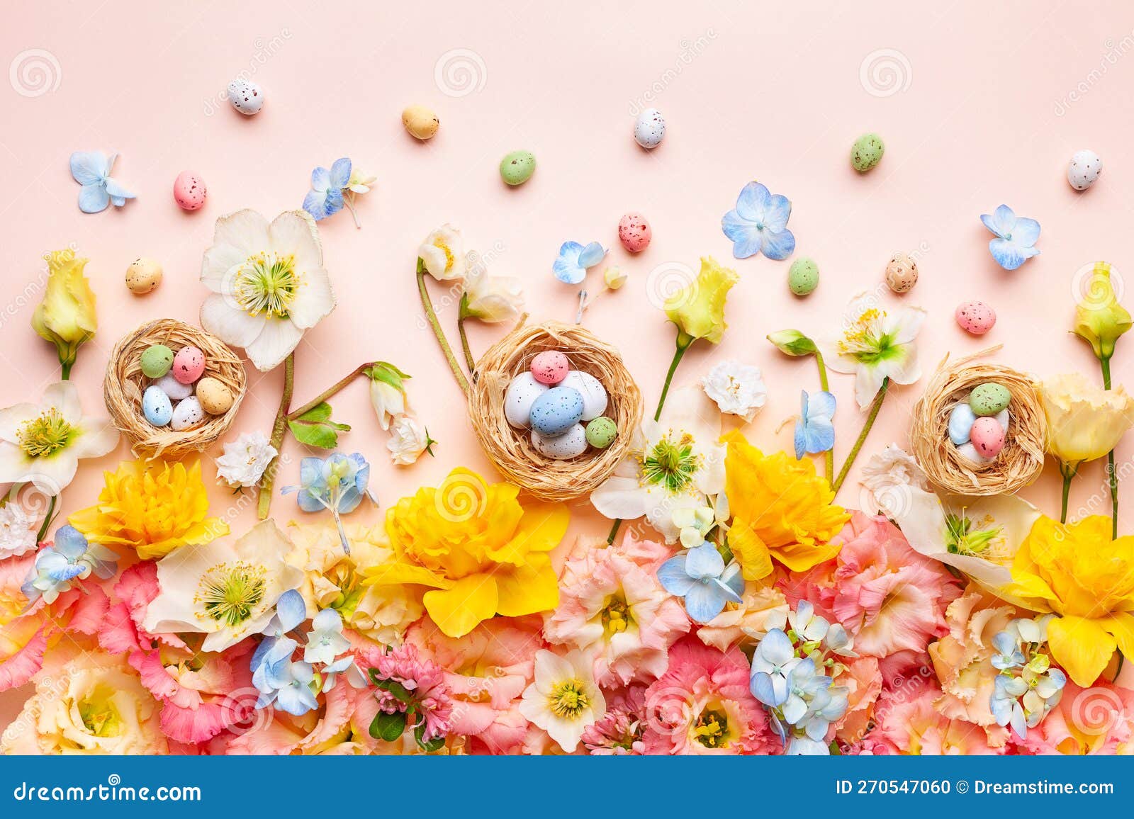 Easter Composition with Spring Flowers and Easter Eggs in Nest on ...
