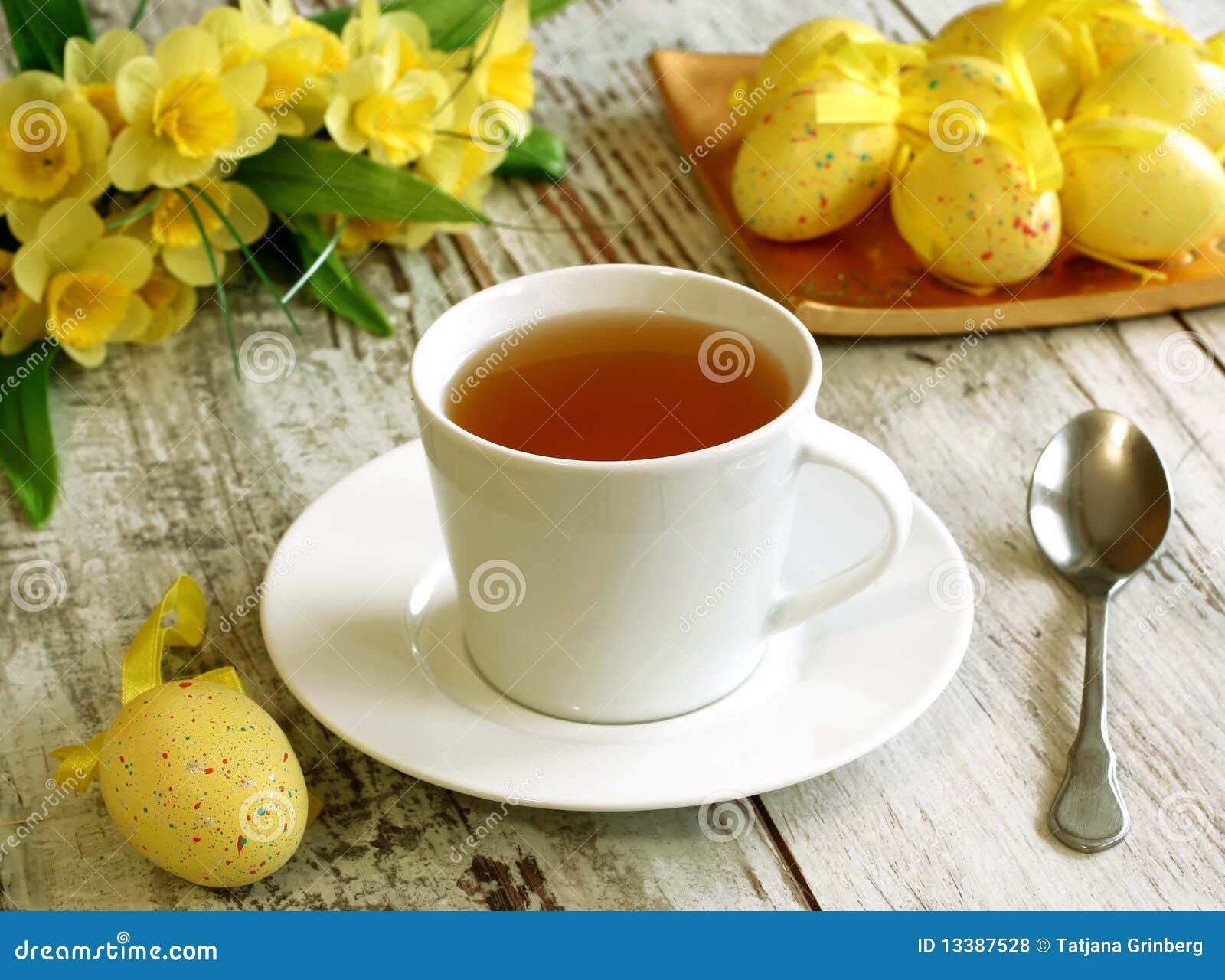 Easter Composition of Tea Cup, Eggs and Flowers on Stock Photo - Image ...