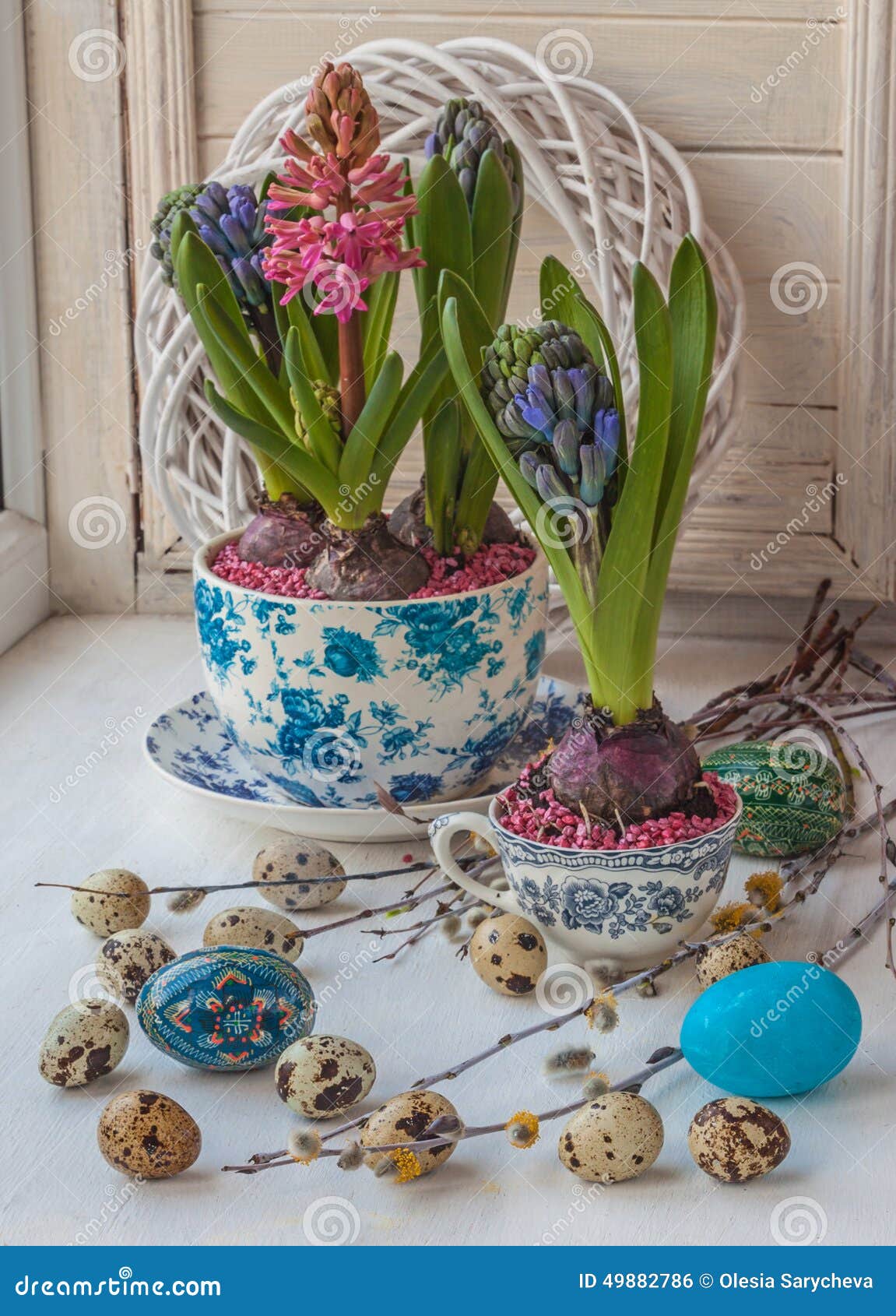 Easter Composition on the Windowsill of Hyacinths Stock Photo - Image ...