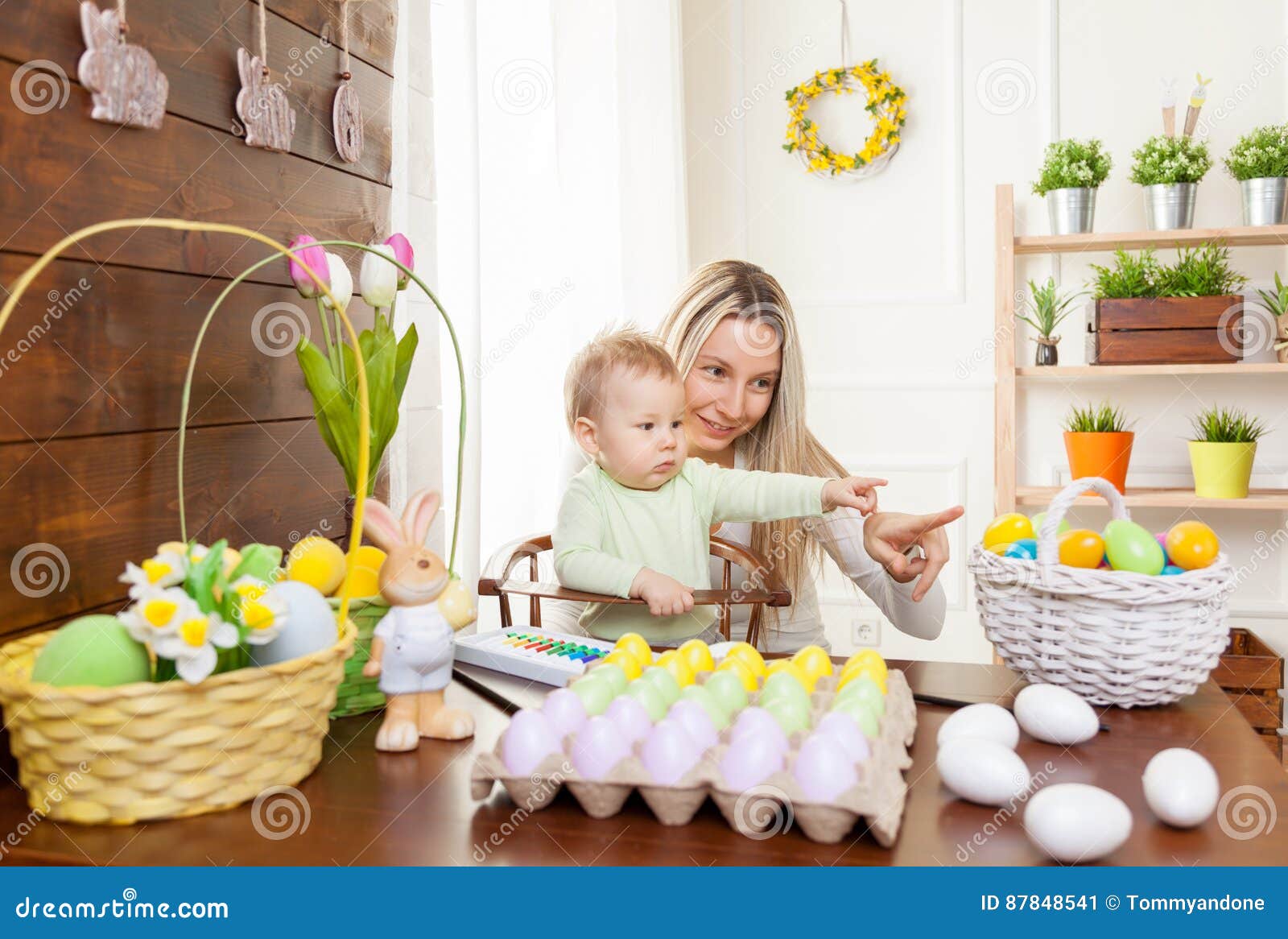 Easter Concept. Happy Mother and Her Cute Child Getting Ready for ...