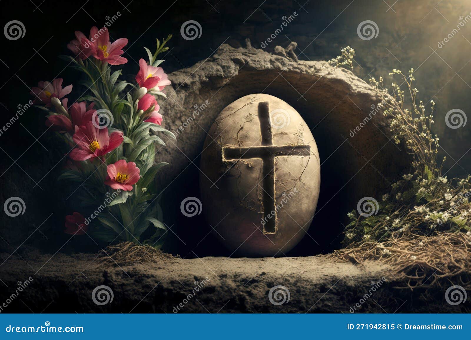 Easter Concept. Stone Egg with a Cross in a Cave. Christ is Risen Stock ...