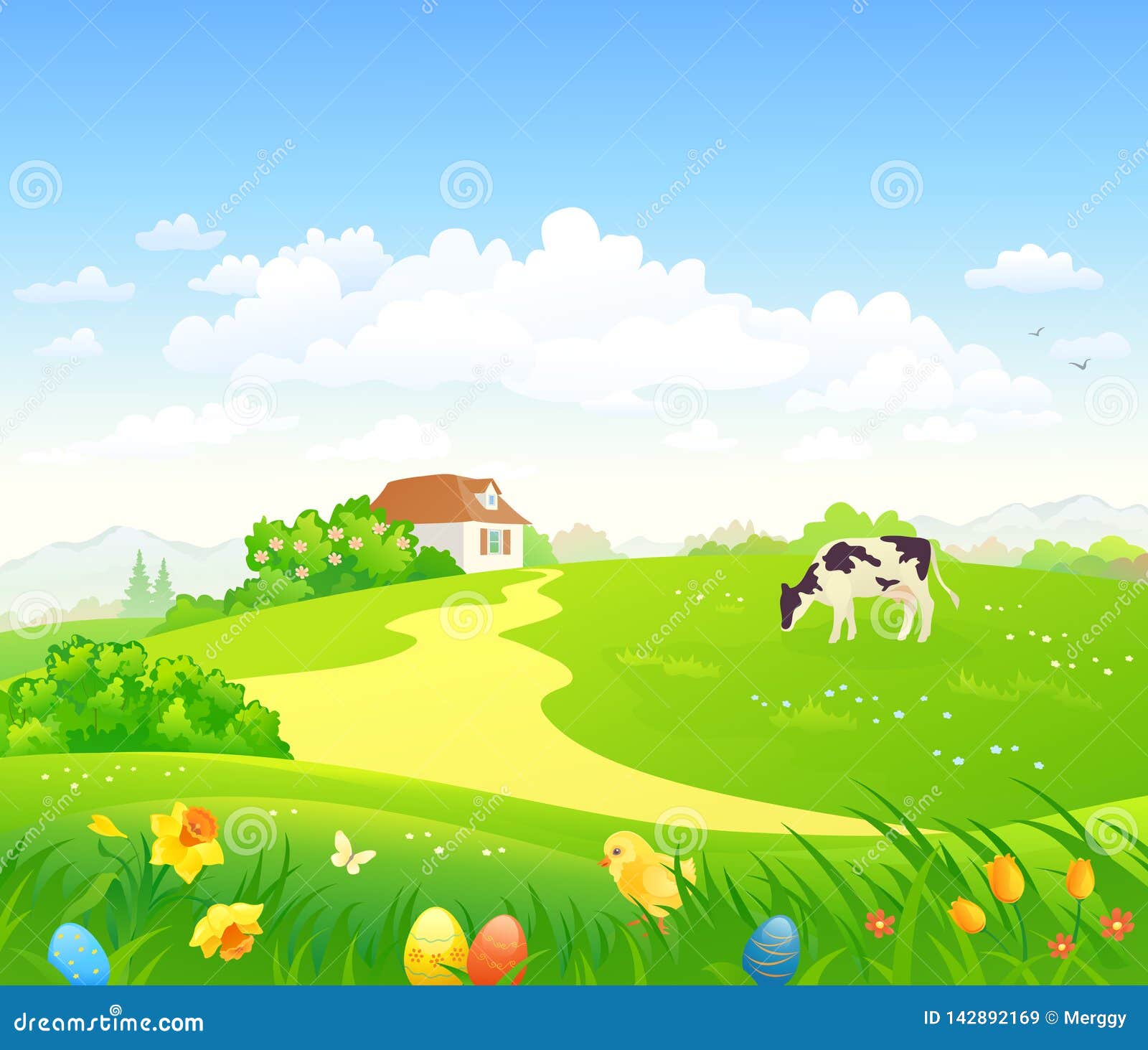 Easter country scenery stock vector. Illustration of chicken - 142892169
