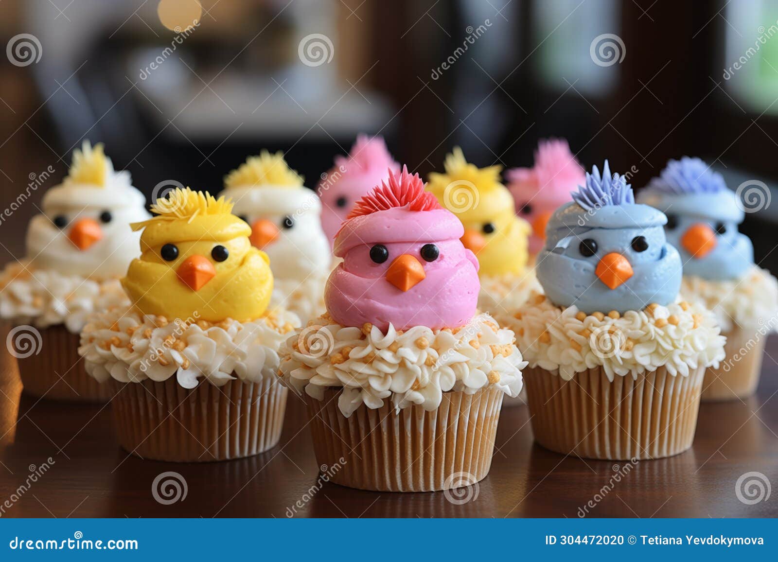 Easter Cupcakes with Chicks on Top in a Bakery Shop. Front View Stock ...