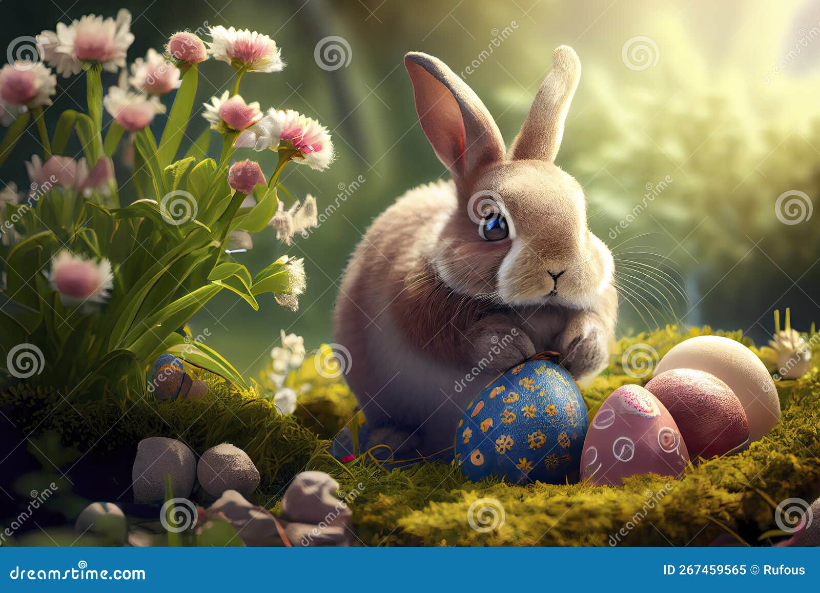 Easter a Cute Bunny Holds Decorated Eggs in a Sunny Garden Stock ...