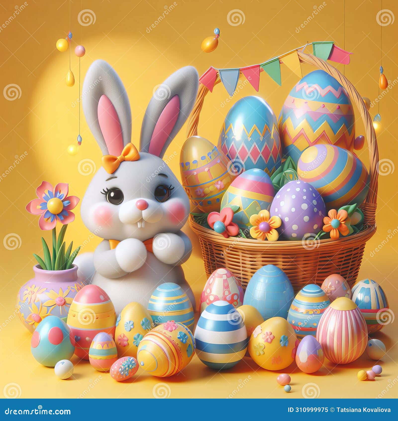 Easter Day And Cute Cartoon Grey Bunny With Wicker Basket And Colorful